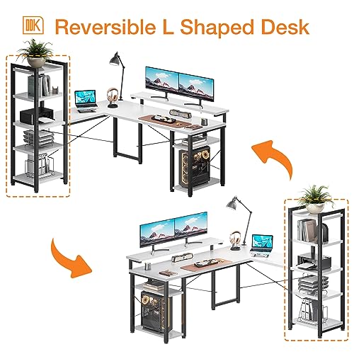 ODK L Shaped Desk with Monitor Stand, 54 Inch Home Office Desks with Storage Printer Shelves, Reversible Corner Gaming Desk with Bookshelf for Bedroom, White