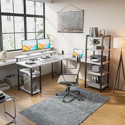 ODK L Shaped Desk with Monitor Stand, 54 Inch Home Office Desks with Storage Printer Shelves, Reversible Corner Gaming Desk with Bookshelf for Bedroom, White