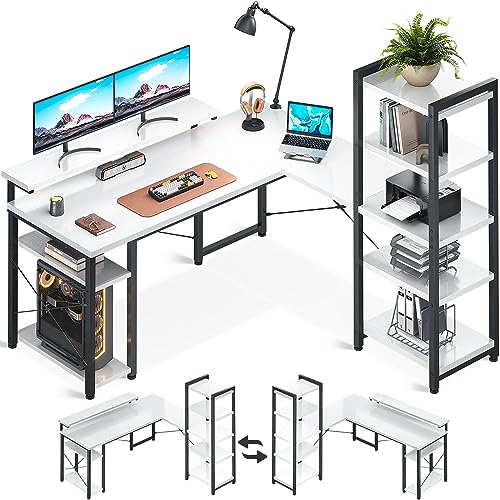 ODK L Shaped Desk with Monitor Stand, 54 Inch Home Office Desks with Storage Printer Shelves, Reversible Corner Gaming Desk with Bookshelf for Bedroom, White