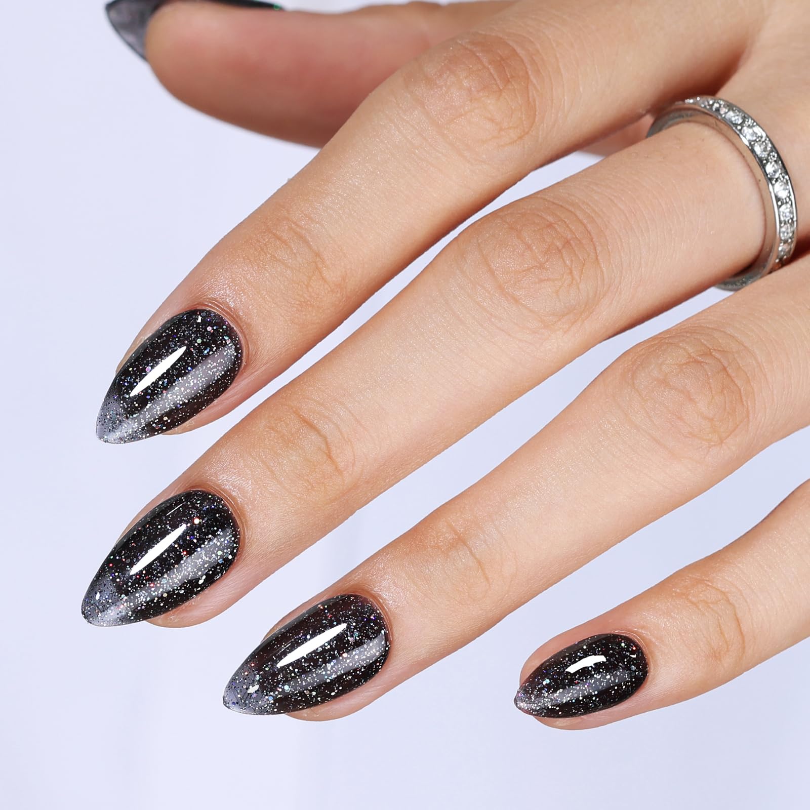 Press On Nails Short Almond, SHOWMORE Black Glitter Fake Nails Medium Sparkly Stiletto Nails Galaxy Glue On Nails False Nails with Design Stick On Nails in 12 Sizes 24 Nail Kit with Glue (Handmade)