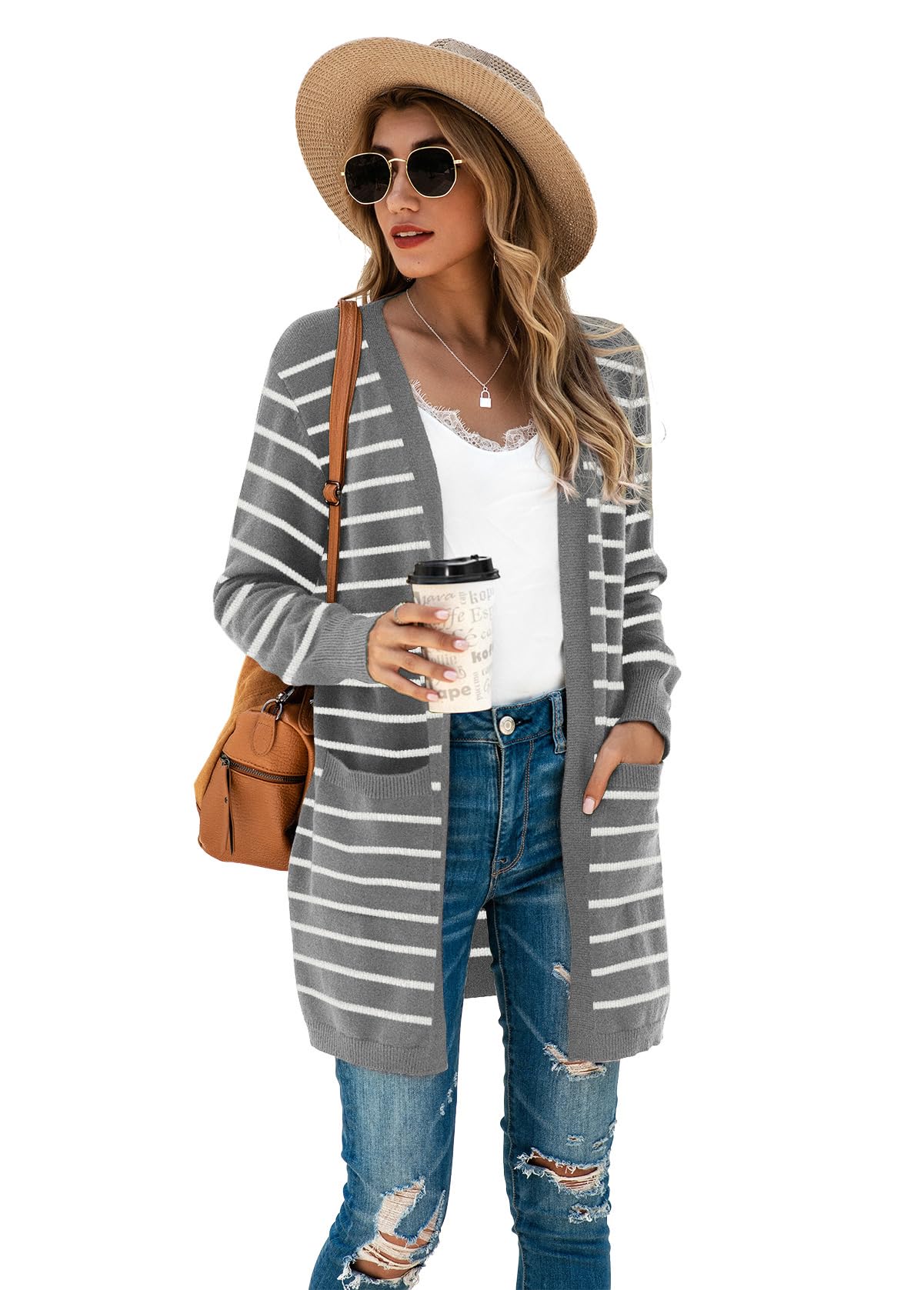 TASAMO Womens Color Block Striped Draped Kimono Cardigan Long Sleeve Open Front Casual Knit Sweaters Coat Soft Outwear