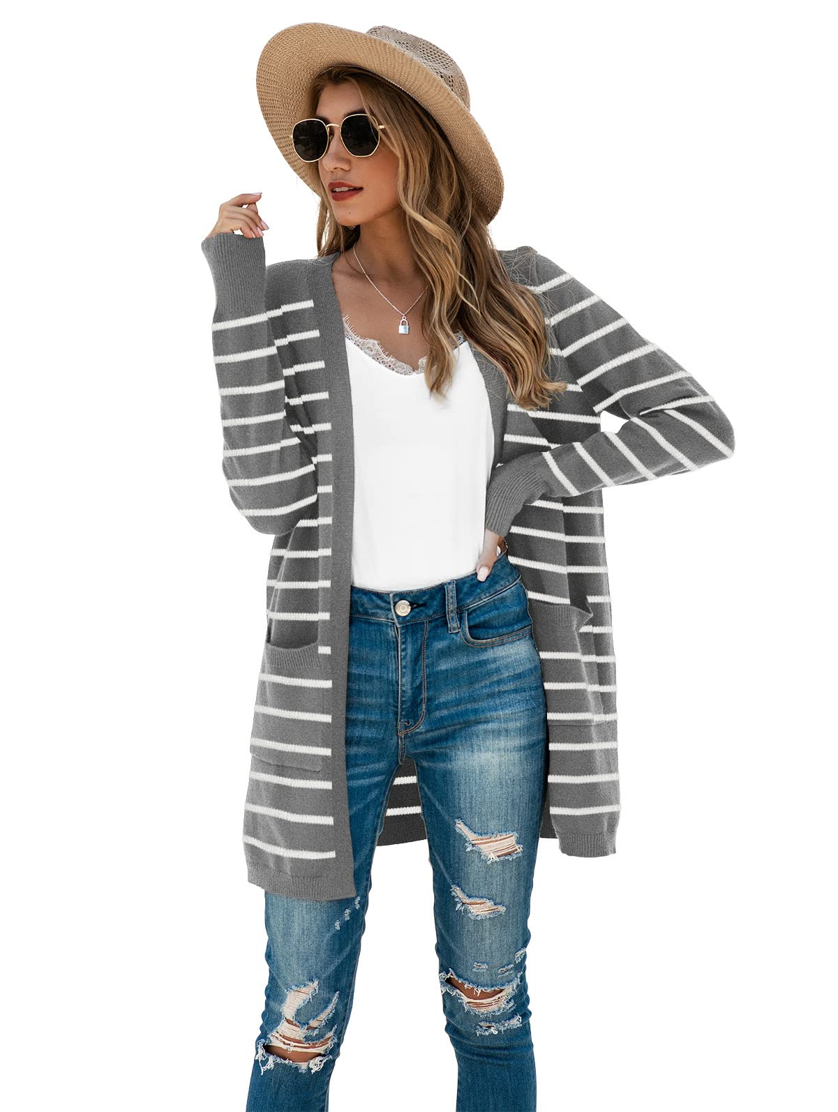 TASAMO Womens Color Block Striped Draped Kimono Cardigan Long Sleeve Open Front Casual Knit Sweaters Coat Soft Outwear