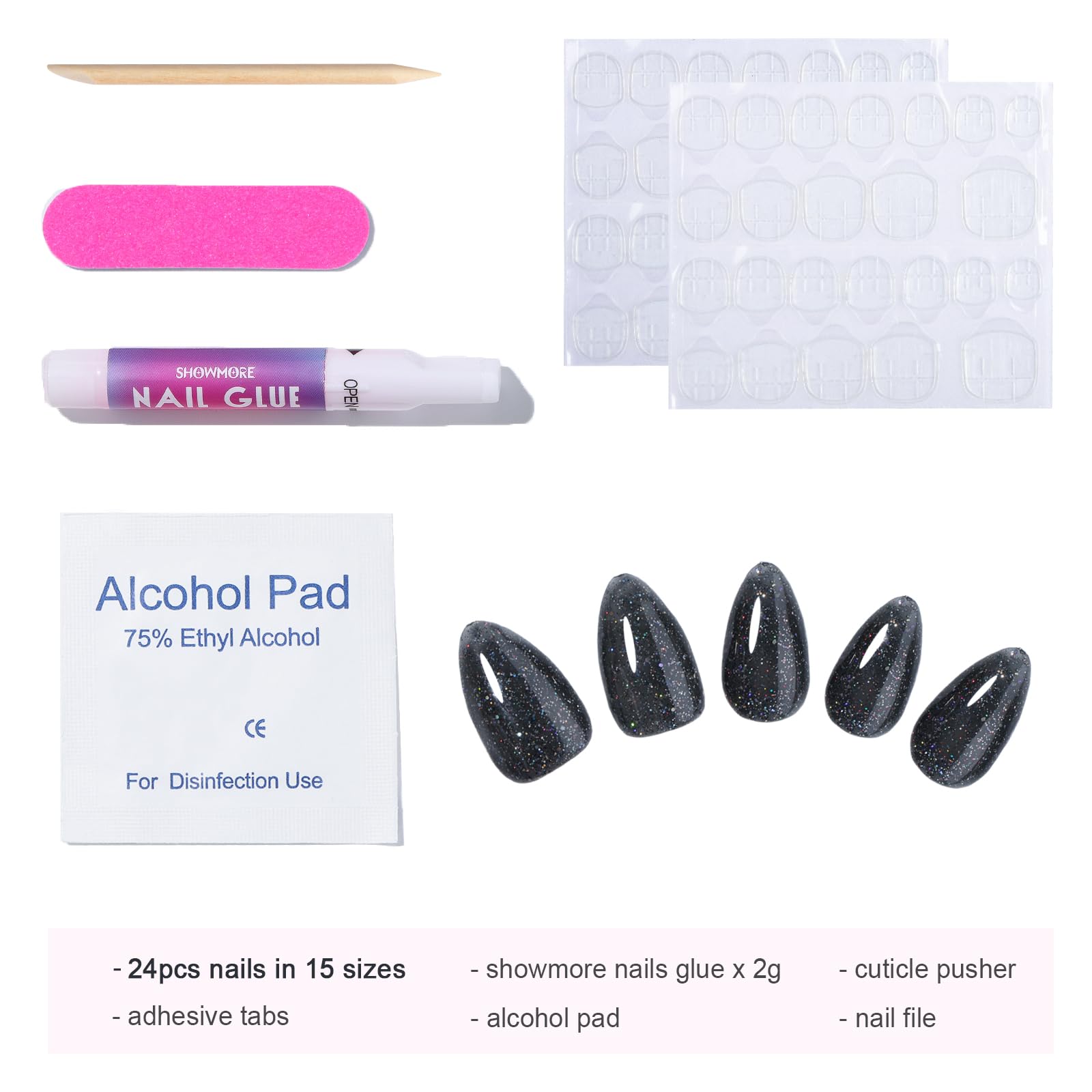 Press On Nails Short Almond, SHOWMORE Black Glitter Fake Nails Medium Sparkly Stiletto Nails Galaxy Glue On Nails False Nails with Design Stick On Nails in 12 Sizes 24 Nail Kit with Glue (Handmade)