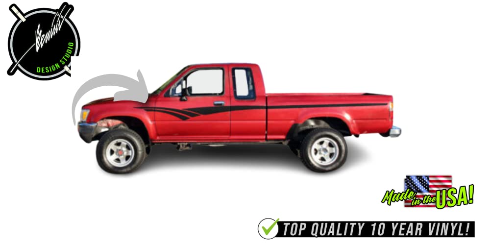 Benini Design Studio Retro Side Racing Stripes Graphics Fits Toyota Graphic Vinyl Decal Sticker Compatible with Pick-Up SR5 Tacoma 89-97 1998 (Matte Black)