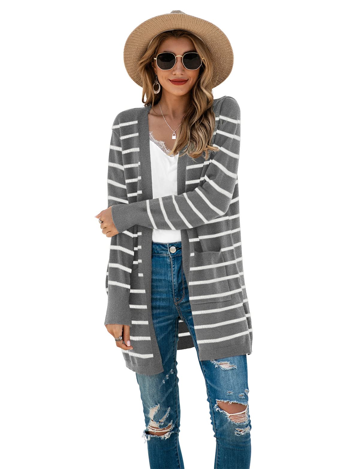 TASAMO Womens Color Block Striped Draped Kimono Cardigan Long Sleeve Open Front Casual Knit Sweaters Coat Soft Outwear