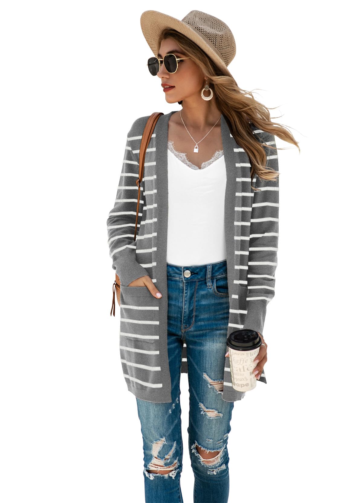 TASAMO Womens Color Block Striped Draped Kimono Cardigan Long Sleeve Open Front Casual Knit Sweaters Coat Soft Outwear