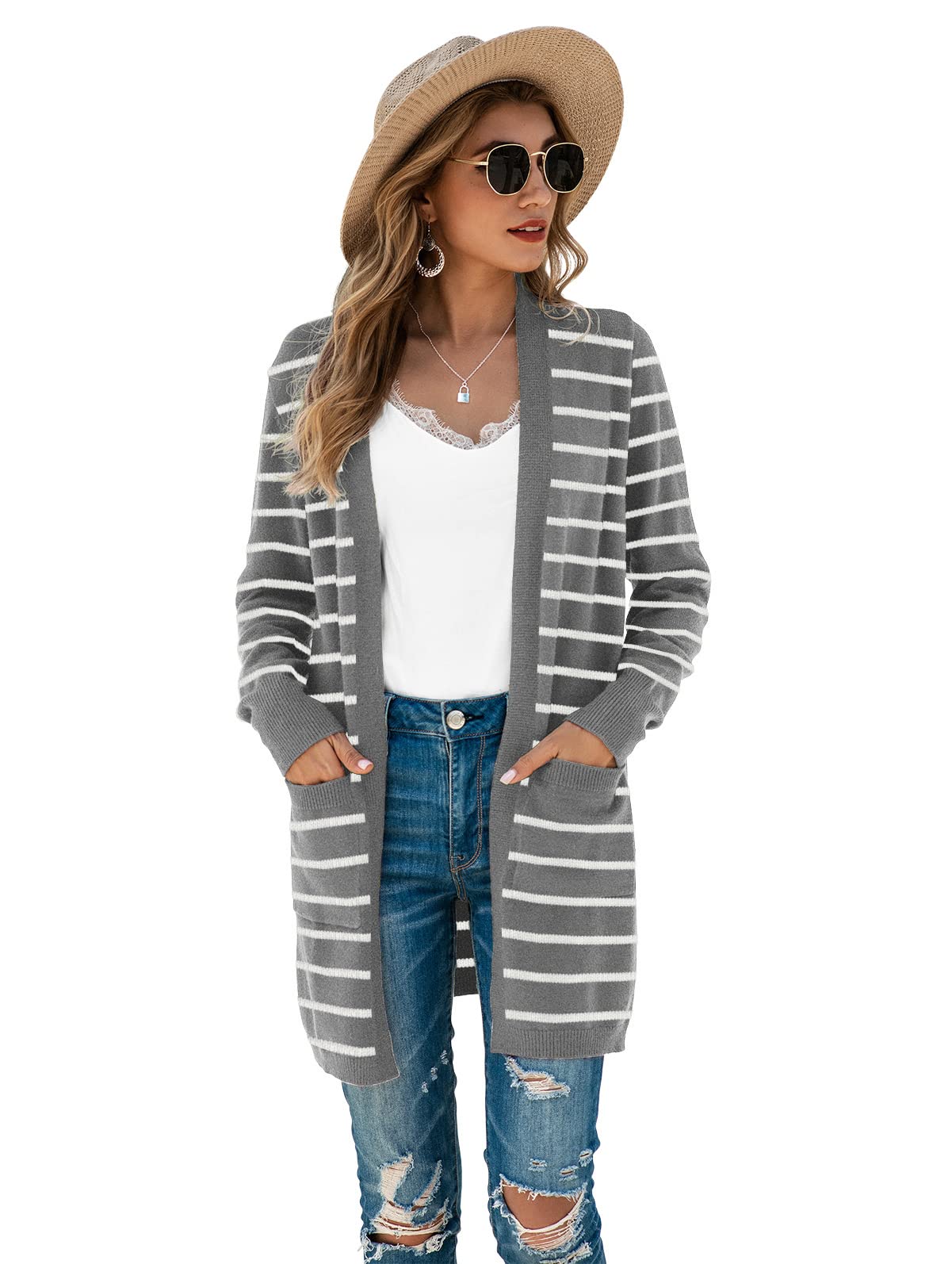 TASAMO Womens Color Block Striped Draped Kimono Cardigan Long Sleeve Open Front Casual Knit Sweaters Coat Soft Outwear