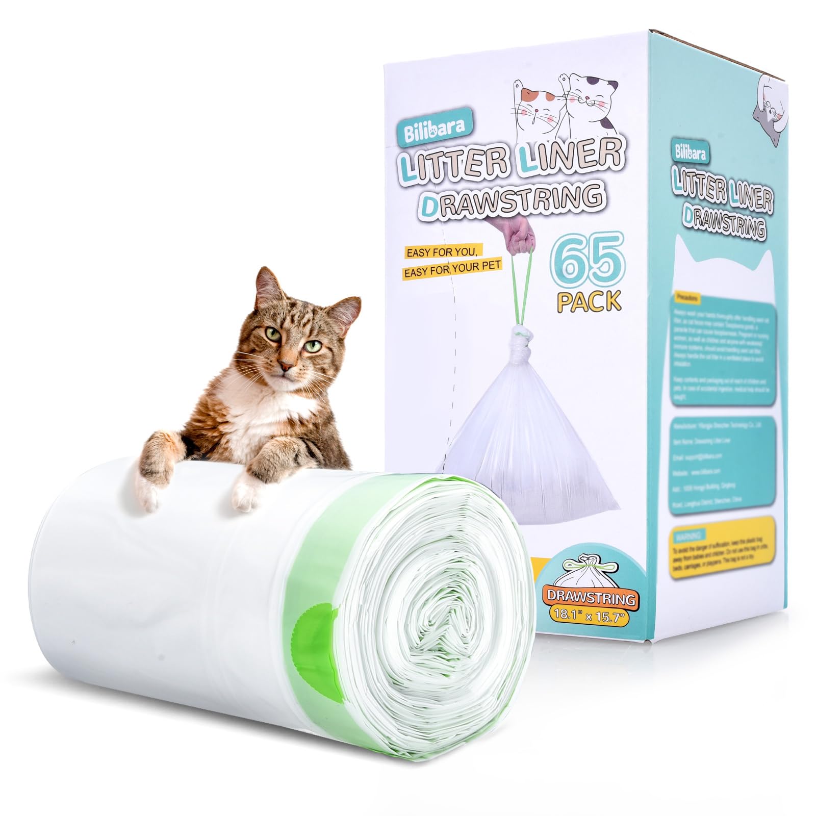 Bilibara 65 Count Drawstring Litter Box Liner Bags for Auto Self-Cleaning Litter Box, Extra Thick Leak Proof Cat Litter Replacement Waste Bags, Unscented, 18.1"W x 15.7"H, 3.5 Gal