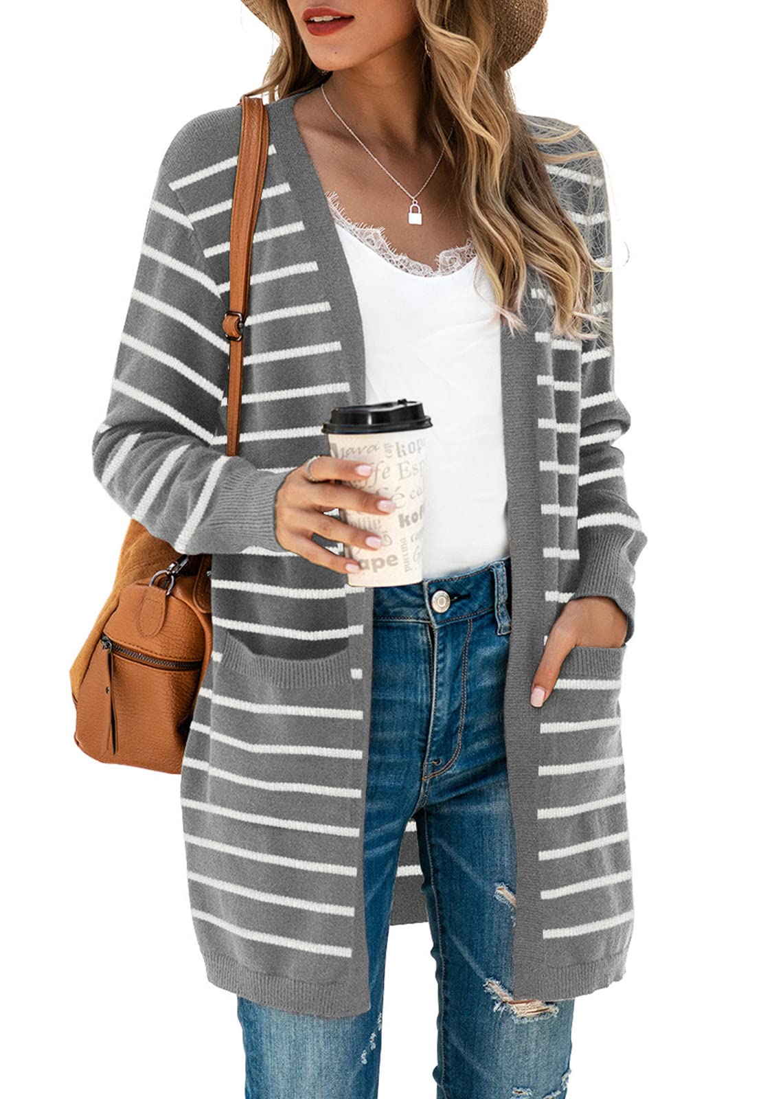 TASAMO Womens Color Block Striped Draped Kimono Cardigan Long Sleeve Open Front Casual Knit Sweaters Coat Soft Outwear