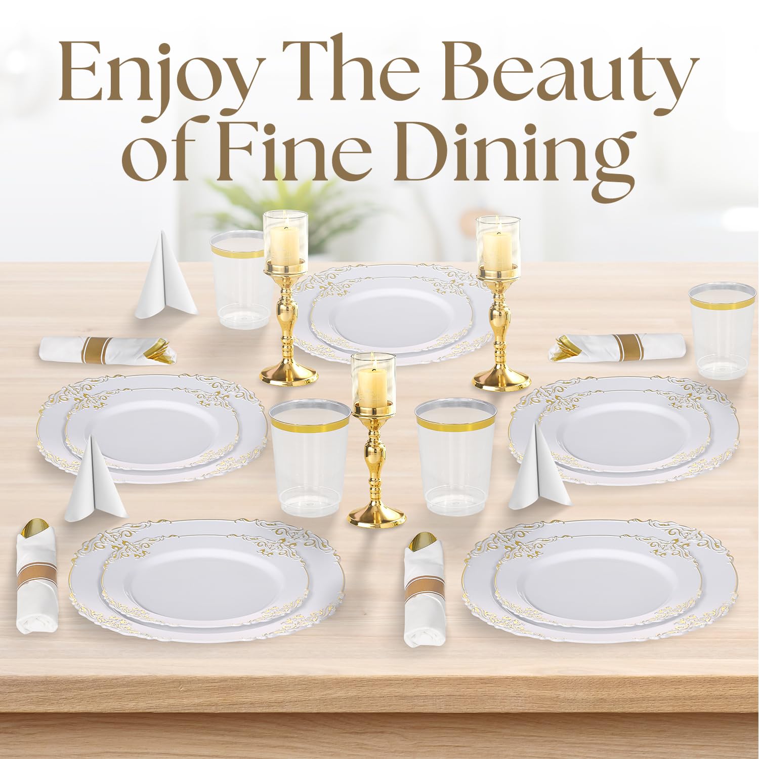 Zulzzy 350 PCS White and Gold Plastic Plates Vintage Design - Includes 50 Dinner Plates, 50 Dessert Plates, 50 Napkins, 50 Cups & Gold Silverware. Ideal for Weddings, Parties & Events.