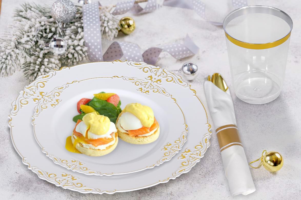 Zulzzy 350 PCS White and Gold Plastic Plates Vintage Design - Includes 50 Dinner Plates, 50 Dessert Plates, 50 Napkins, 50 Cups & Gold Silverware. Ideal for Weddings, Parties & Events.