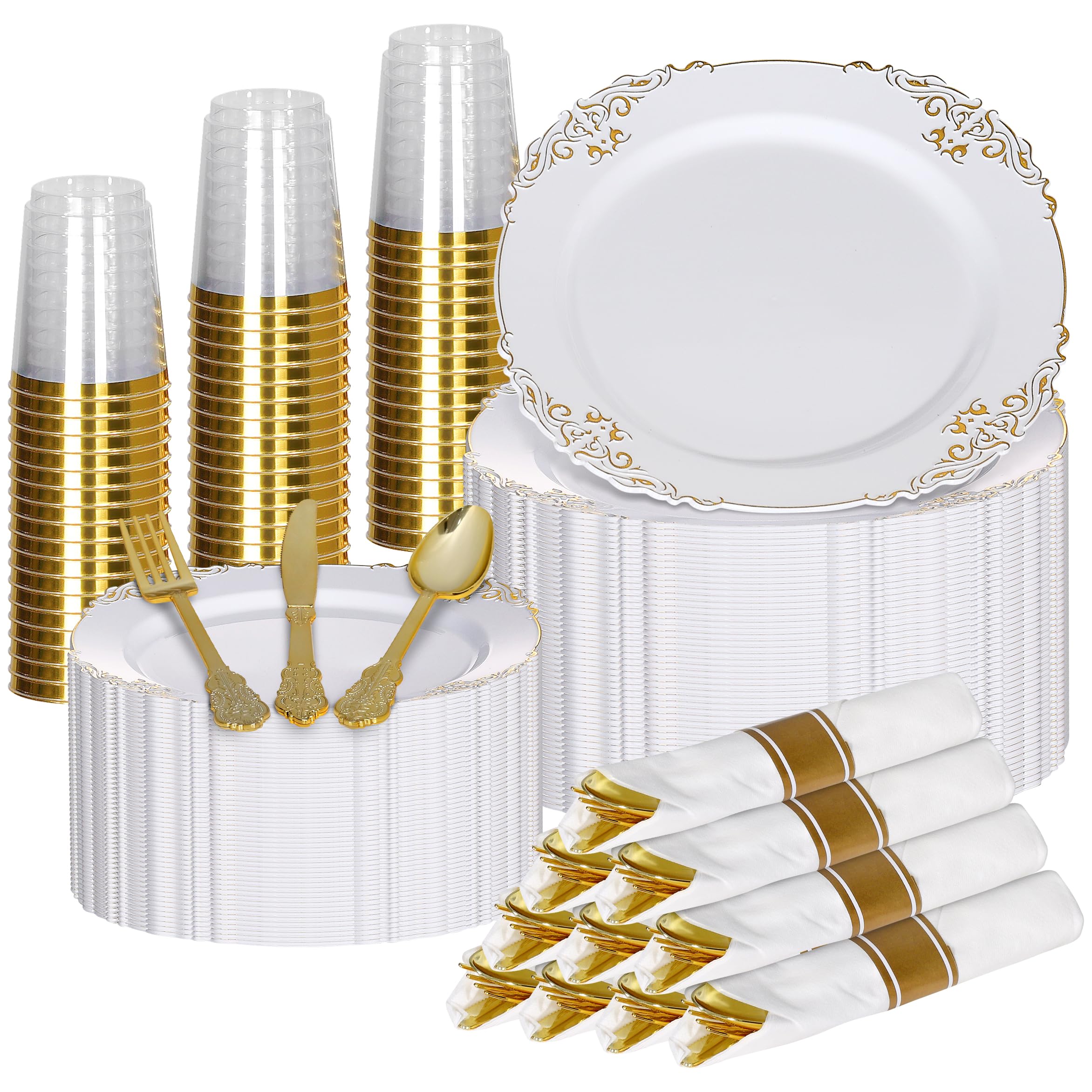 Zulzzy 350 PCS White and Gold Plastic Plates Vintage Design - Includes 50 Dinner Plates, 50 Dessert Plates, 50 Napkins, 50 Cups & Gold Silverware. Ideal for Weddings, Parties & Events.