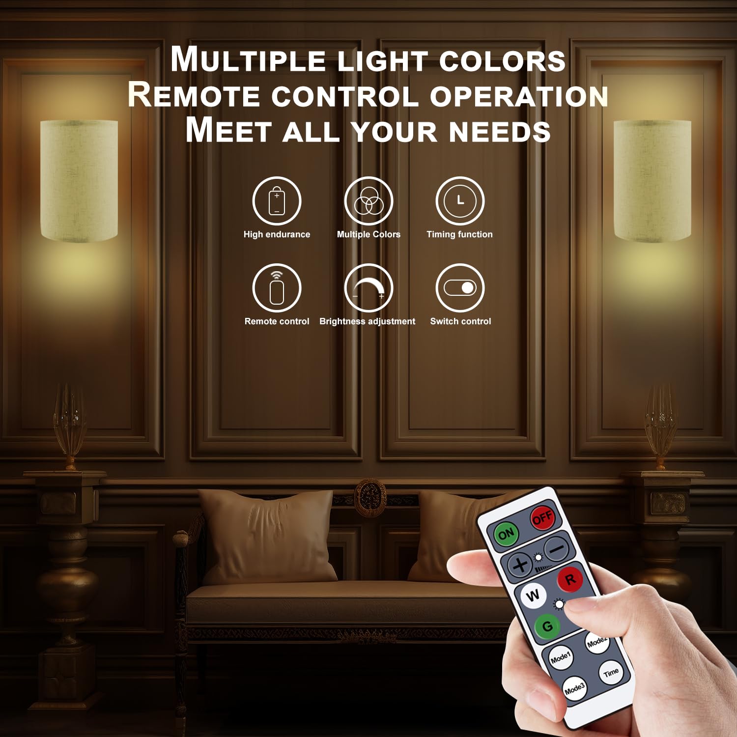 SIXDEFLY RGB Wall Sconces Set of Two,with Fabric Shade and Remote Control, Rechargeable Battery Operated Wall Sconces, for Bedroom Living Room Hallway