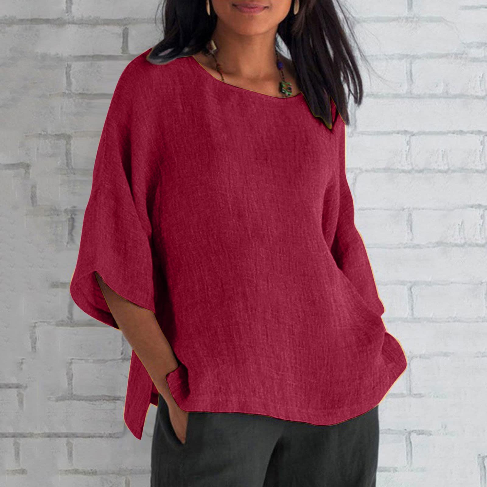 DASAYO Womens Summer Cotton Linen Tops Shirts Round Neck Half Sleeve Shirt Blouses Beach Plain Comfy Fashion Top Tshirt