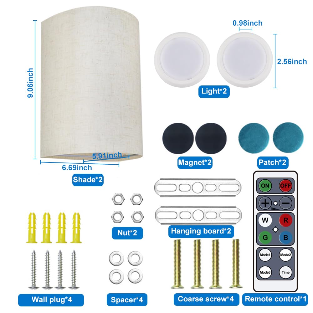 SIXDEFLY RGB Wall Sconces Set of Two,with Fabric Shade and Remote Control, Rechargeable Battery Operated Wall Sconces, for Bedroom Living Room Hallway