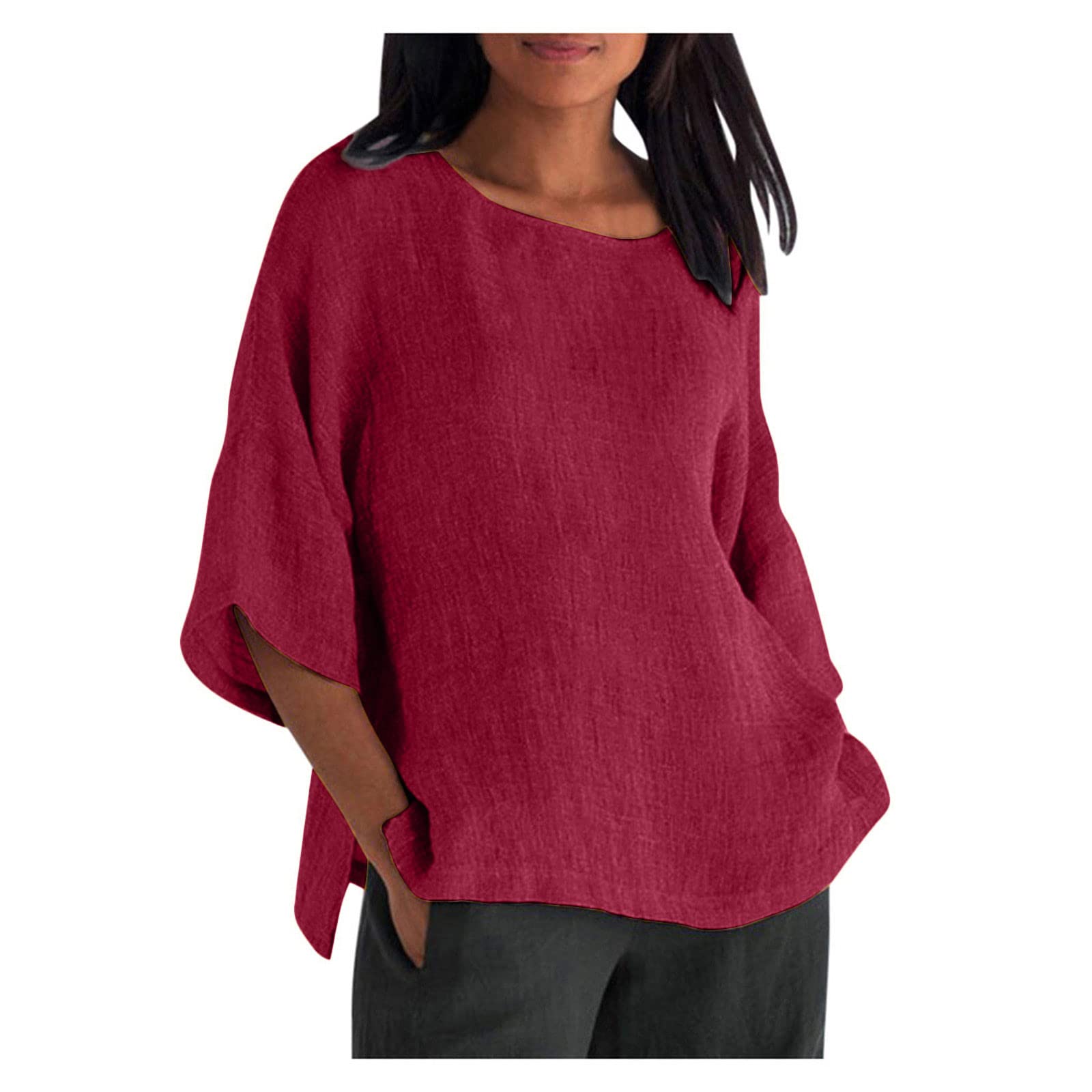 DASAYO Womens Summer Cotton Linen Tops Shirts Round Neck Half Sleeve Shirt Blouses Beach Plain Comfy Fashion Top Tshirt