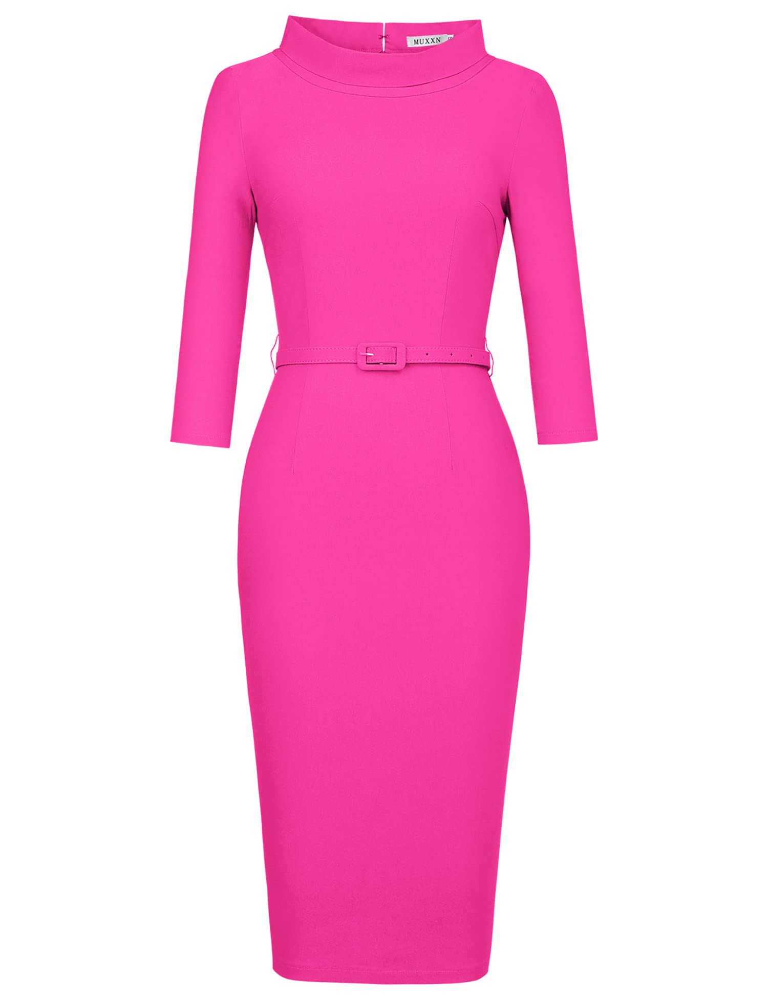 MUXXN Women's Elegant Midi 3/4 Sleeves Bodycon Sheath Pencil Vintage Cocktail Wedding Guest Dresses Hot Pink S