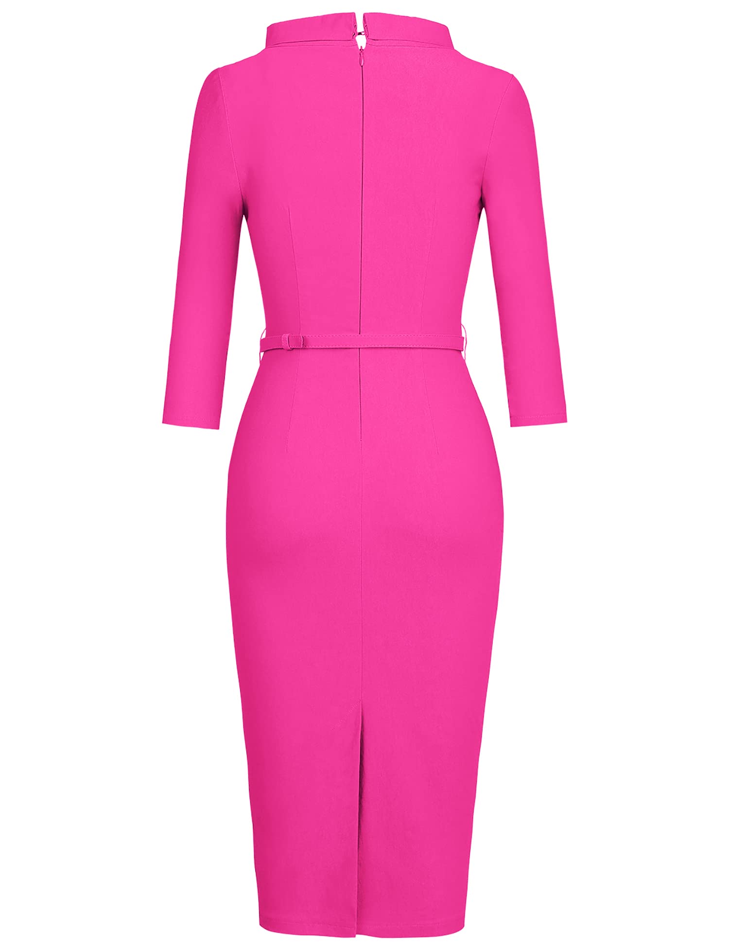 MUXXN Women's Elegant Midi 3/4 Sleeves Bodycon Sheath Pencil Vintage Cocktail Wedding Guest Dresses Hot Pink S