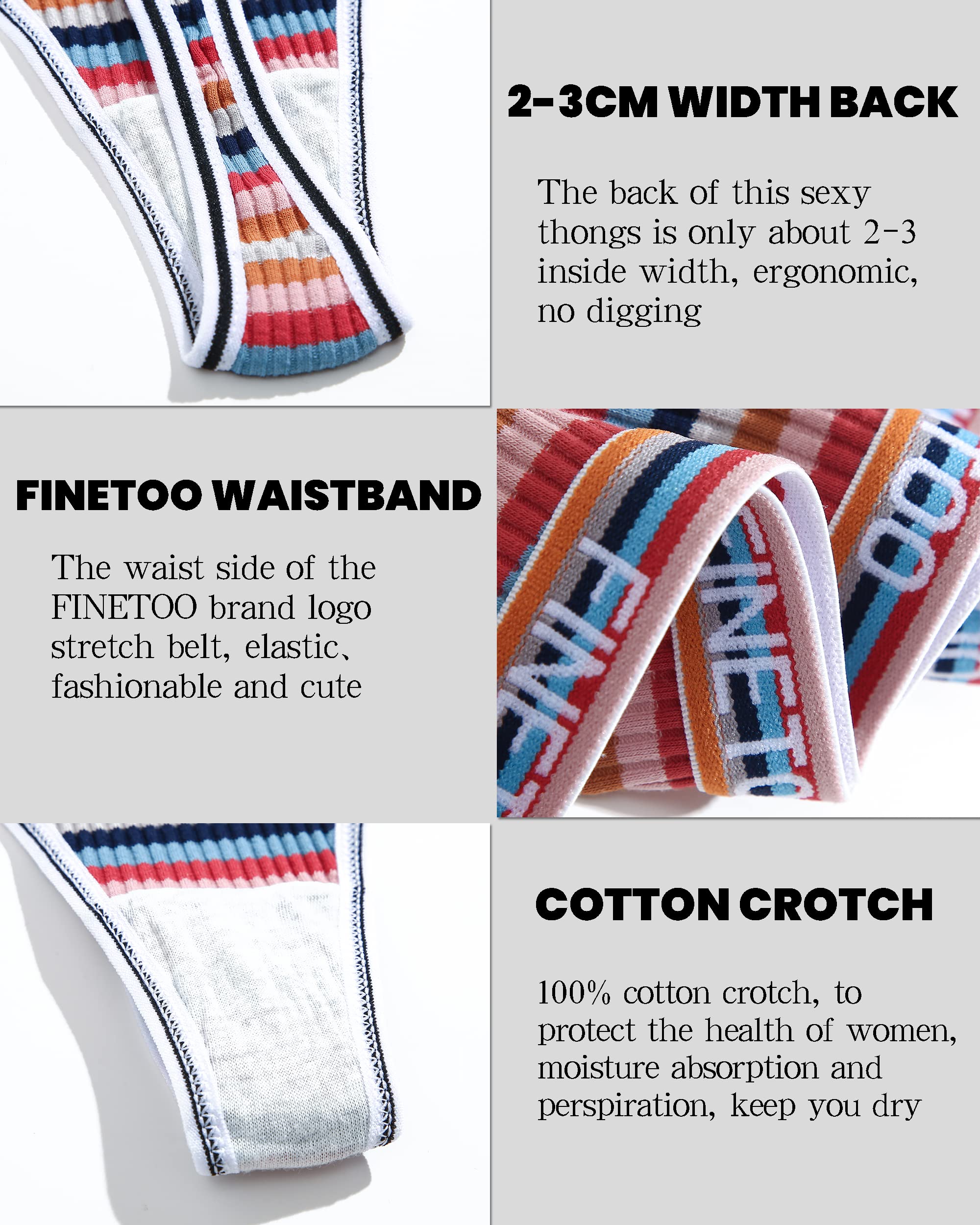 FINETOO Cotton Thongs for Women Sexy Soft Breathable Thong Underwear Low Rise Colorful Stripes Hipster Panties 5 Pack(5AL)
