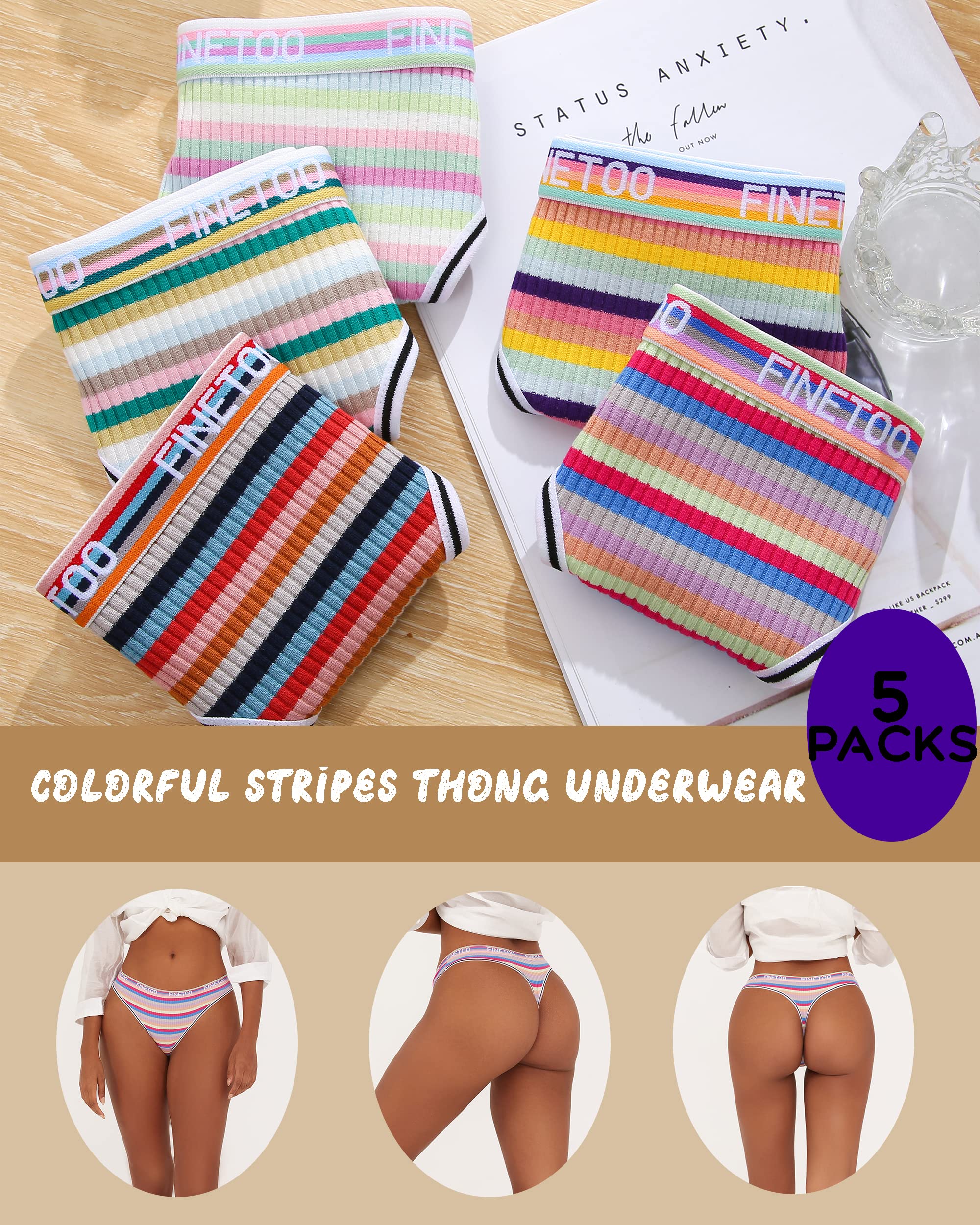FINETOO Cotton Thongs for Women Sexy Soft Breathable Thong Underwear Low Rise Colorful Stripes Hipster Panties 5 Pack(5AL)
