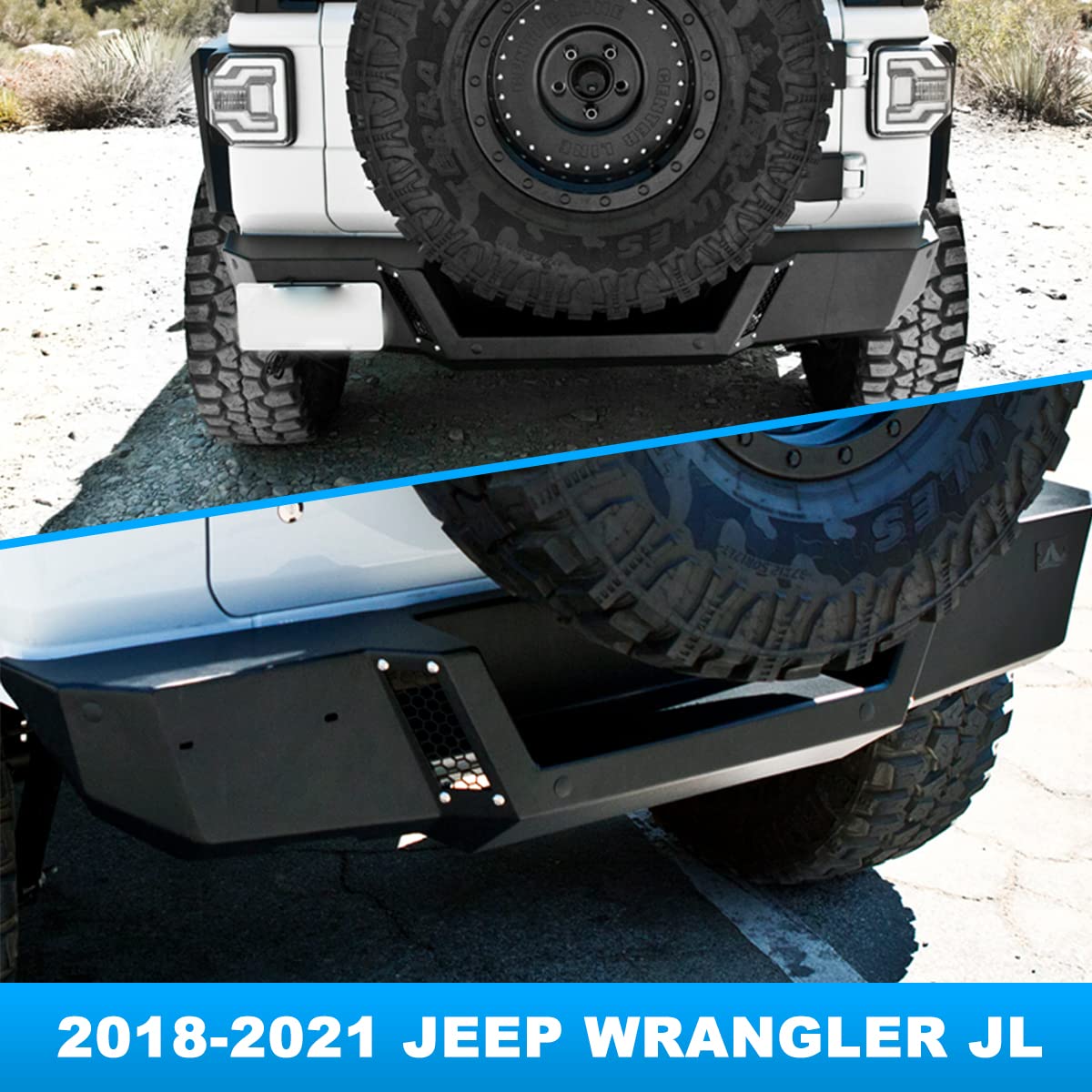 Rear Bumper Fit for 2018 2019 2020 2021 2022 2023 2024 Jeep Wrangler JL/JLU 2&4 Doors Full Width Offroad Back Bumper with OEM Reverse Sensor Holes Replacement Exterior Accessories
