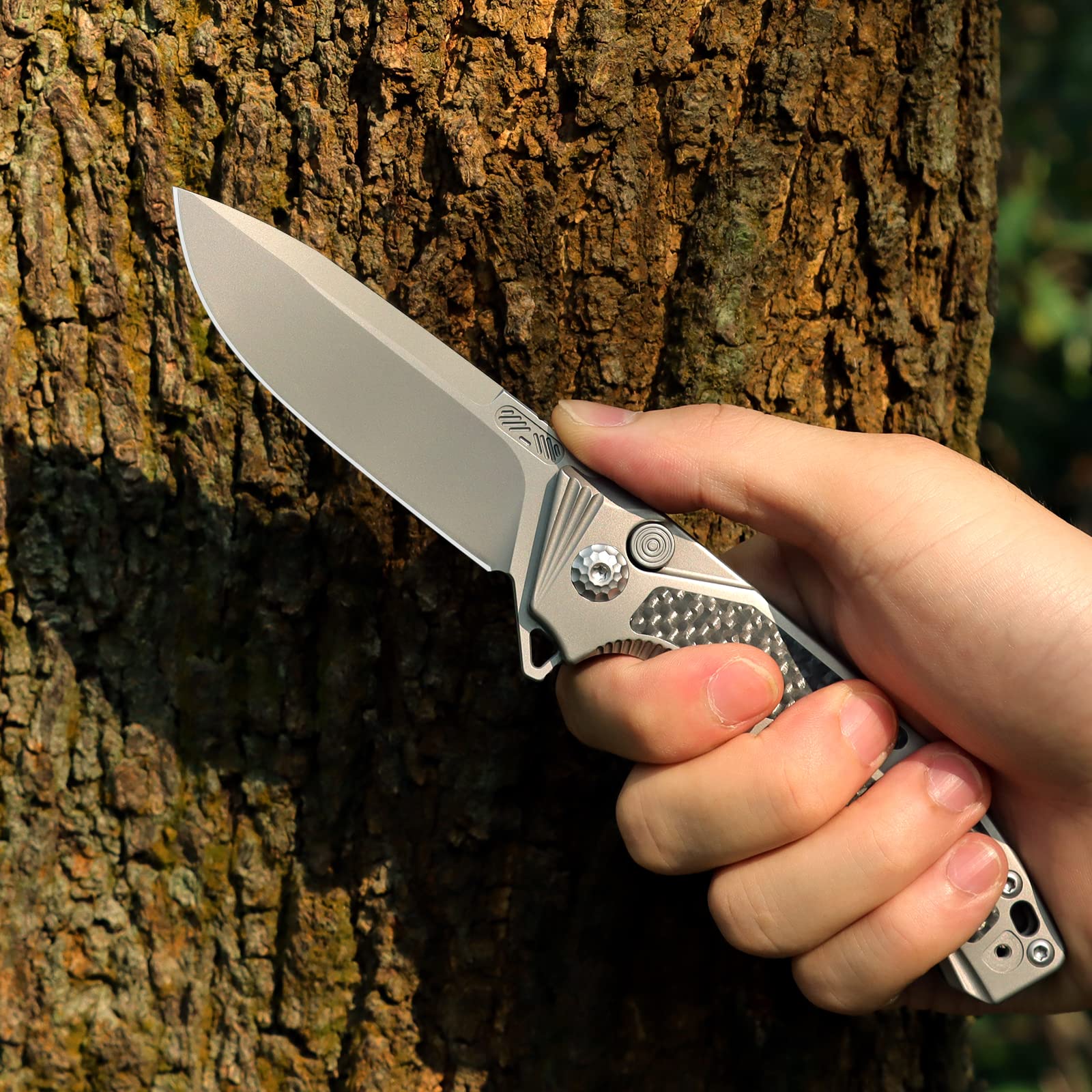 REMETTE Steed Button Lock Pocket Knife,Titanium Handle with Reversible Clip, M390 Blade Flippers Open, Everyday Carry EDC Work Pocket Knife for Men and Women Gift