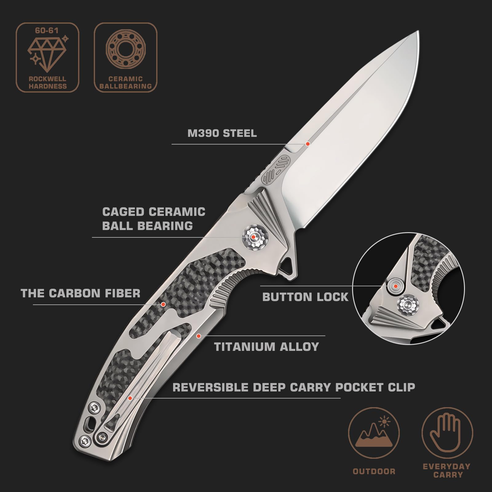REMETTE Steed Button Lock Pocket Knife,Titanium Handle with Reversible Clip, M390 Blade Flippers Open, Everyday Carry EDC Work Pocket Knife for Men and Women Gift