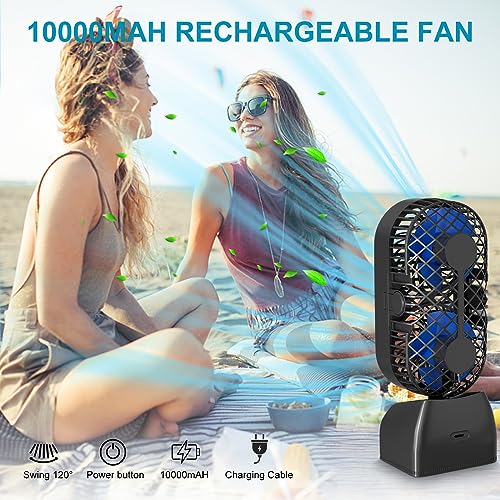 ACEDIS Tower Fan Oscillating Fan, 11'' Portable Small Desk Fan with Stepless Speed, 120° Oscillation, Battery Table Fan, 10000 mAh Rechargeable USB Oscillating Fan for Bedroom, Office and Outdoor