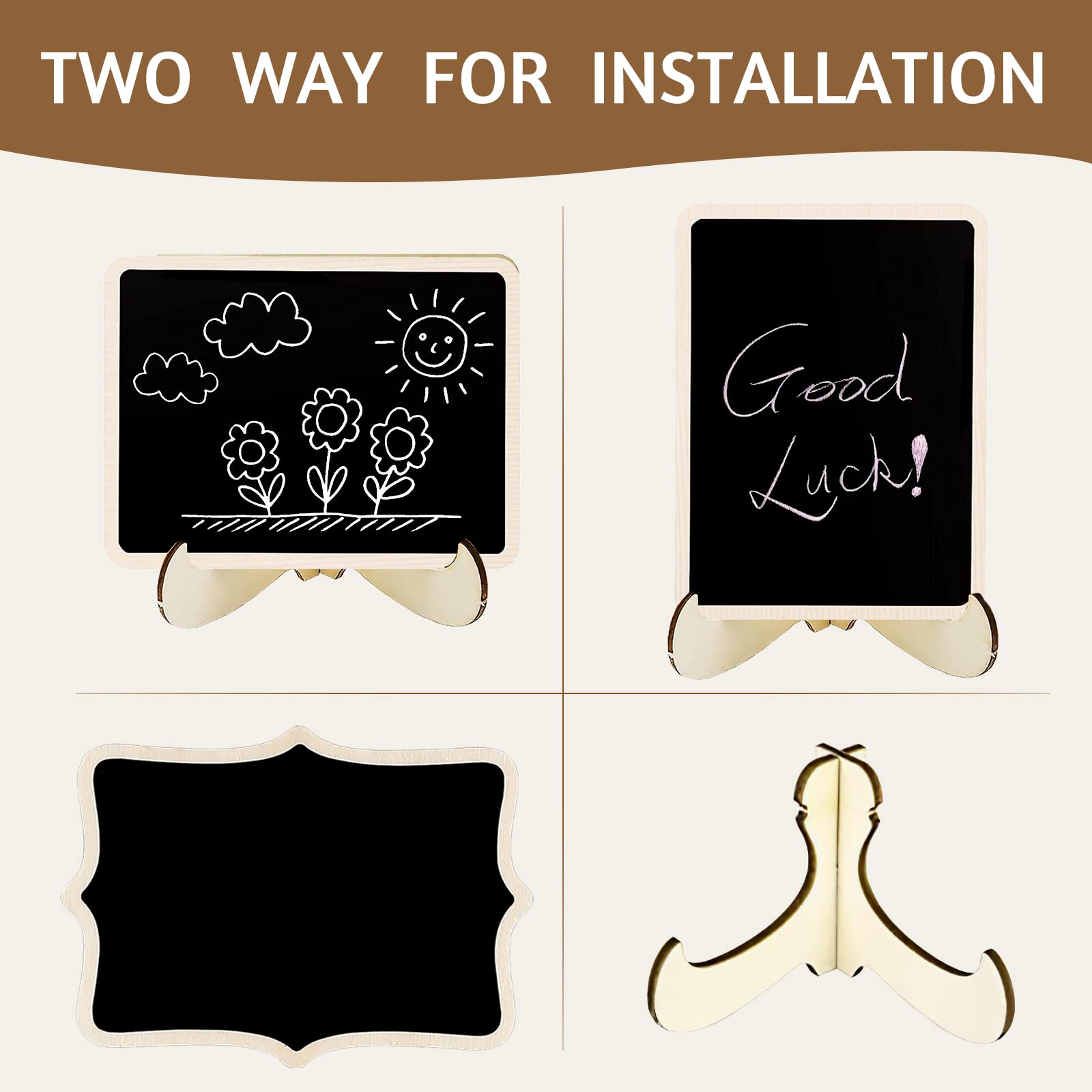 JEFURE 12 Pcs Mini Chalkboard Signs, Small Chalkboard Labels with Easel Stand, Wooden Blackboard for Table Numbers, Food Signs, Wedding Signs, Place Cards and Event Decoration, with 1 Liquid Chalk