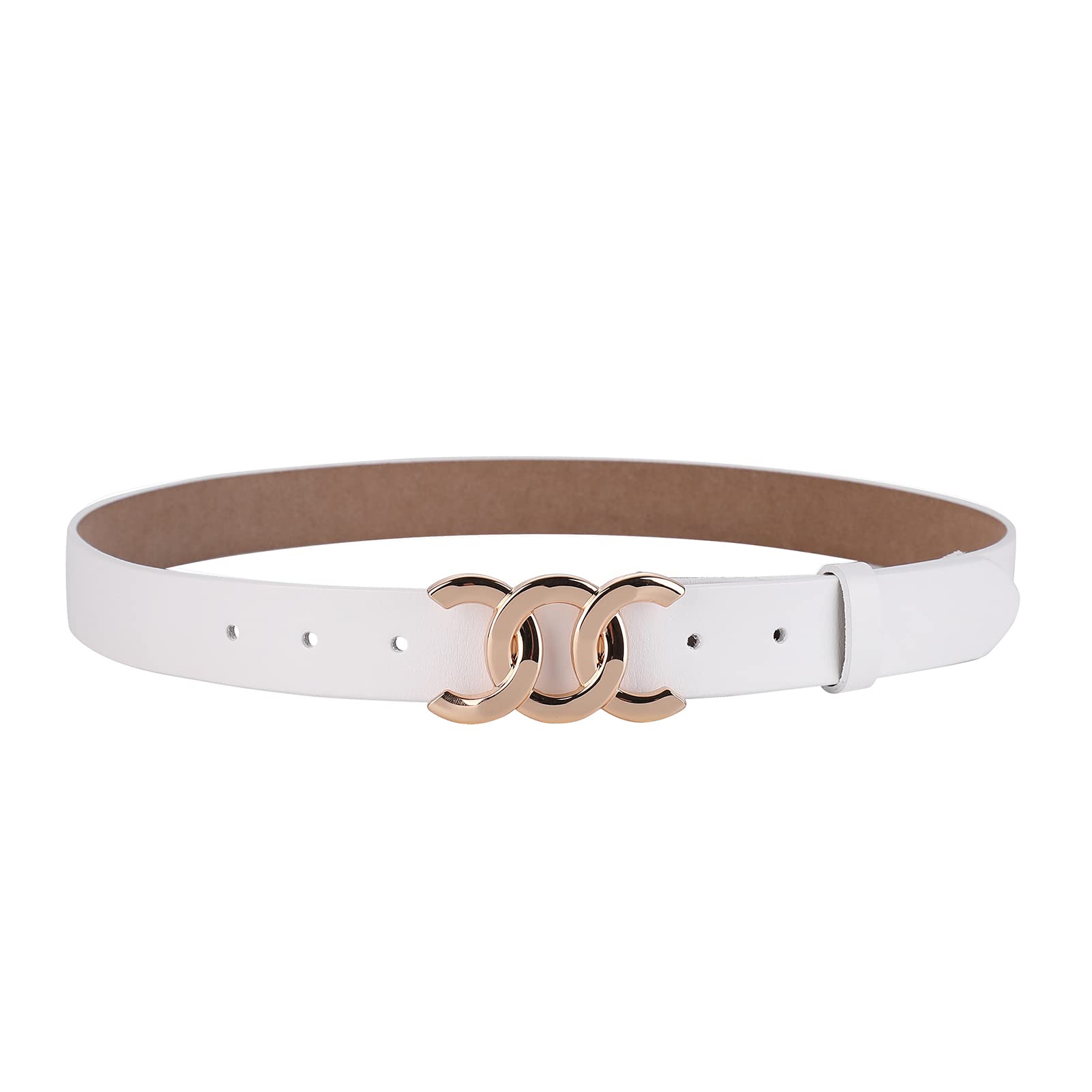 MoYoTo Women’s 2.8cm Wide Leather Belt Fashion Gold Buckle Belts for Jeans Dresses Ladies Waist Belt (Suit Waistline 31″-38″,White)