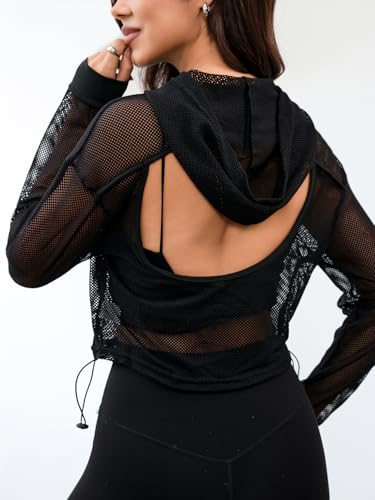 SweatyRocks Women's Activewear Long Sleeve Hollow Out Drawstring Hooded Sweatshirt Sports Crop Top Black M