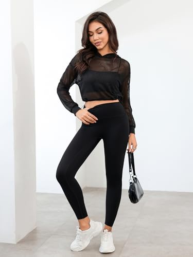 SweatyRocks Women's Activewear Long Sleeve Hollow Out Drawstring Hooded Sweatshirt Sports Crop Top Black M