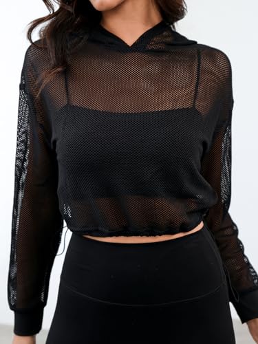 SweatyRocks Women's Activewear Long Sleeve Hollow Out Drawstring Hooded Sweatshirt Sports Crop Top Black M