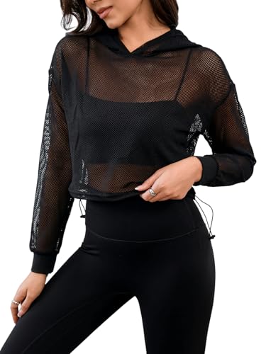 SweatyRocks Women's Activewear Long Sleeve Hollow Out Drawstring Hooded Sweatshirt Sports Crop Top Black M
