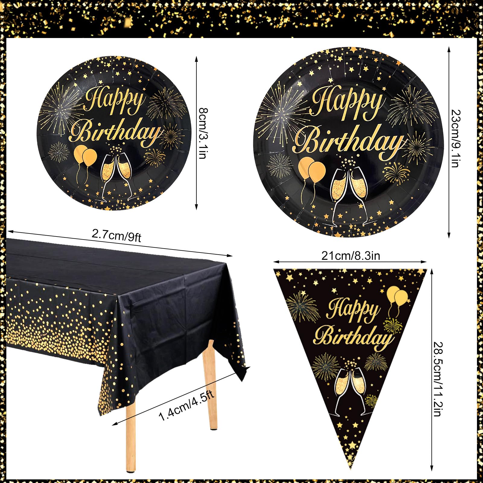 Black and Gold Happy Birthday Party Supplies Tableware Set-Dinner Dessert Cake Plates, Napkins, Cups, Tablecloth, Banner for Wedding Retire Party Decoration for 30th 40th 50th 60th Anniversary