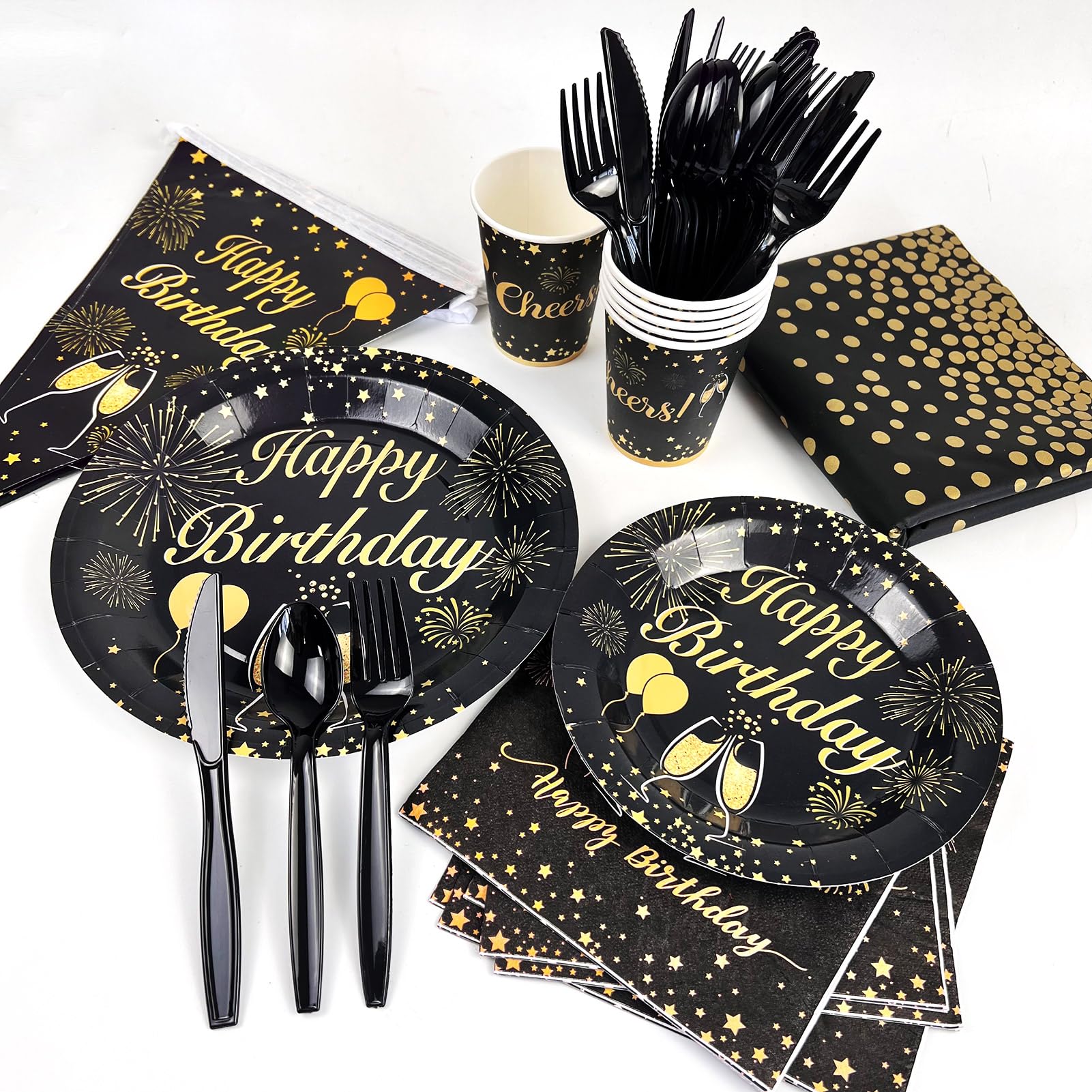 Black and Gold Happy Birthday Party Supplies Tableware Set-Dinner Dessert Cake Plates, Napkins, Cups, Tablecloth, Banner for Wedding Retire Party Decoration for 30th 40th 50th 60th Anniversary