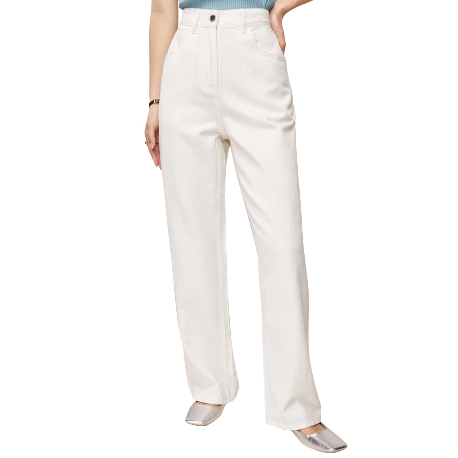 BOSREROY Wide Leg Jeans for Women, Women's High WAIS Jeans t Highly Elastic Comfort Pants for Women Girls Casual Pants White