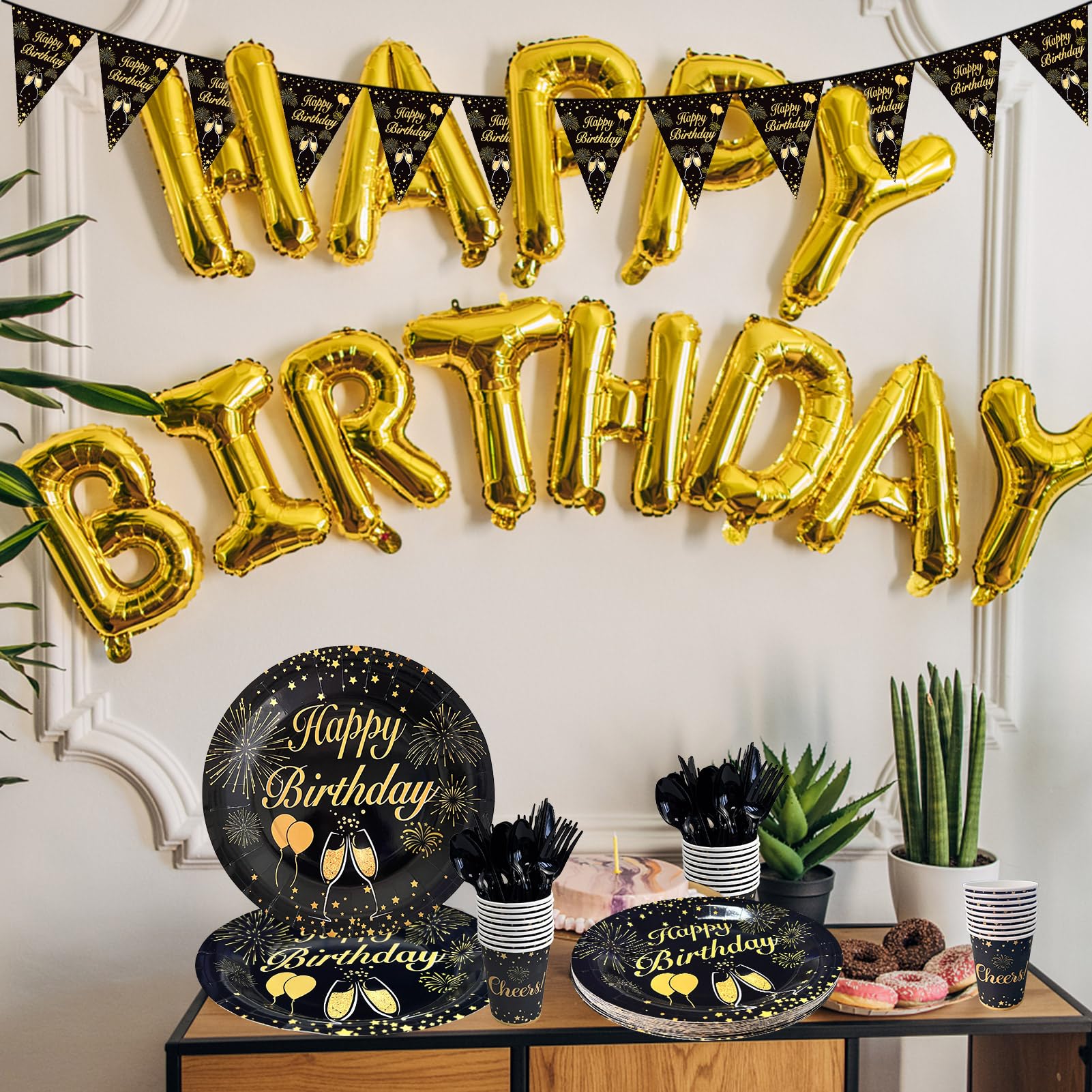 Black and Gold Happy Birthday Party Supplies Tableware Set-Dinner Dessert Cake Plates, Napkins, Cups, Tablecloth, Banner for Wedding Retire Party Decoration for 30th 40th 50th 60th Anniversary