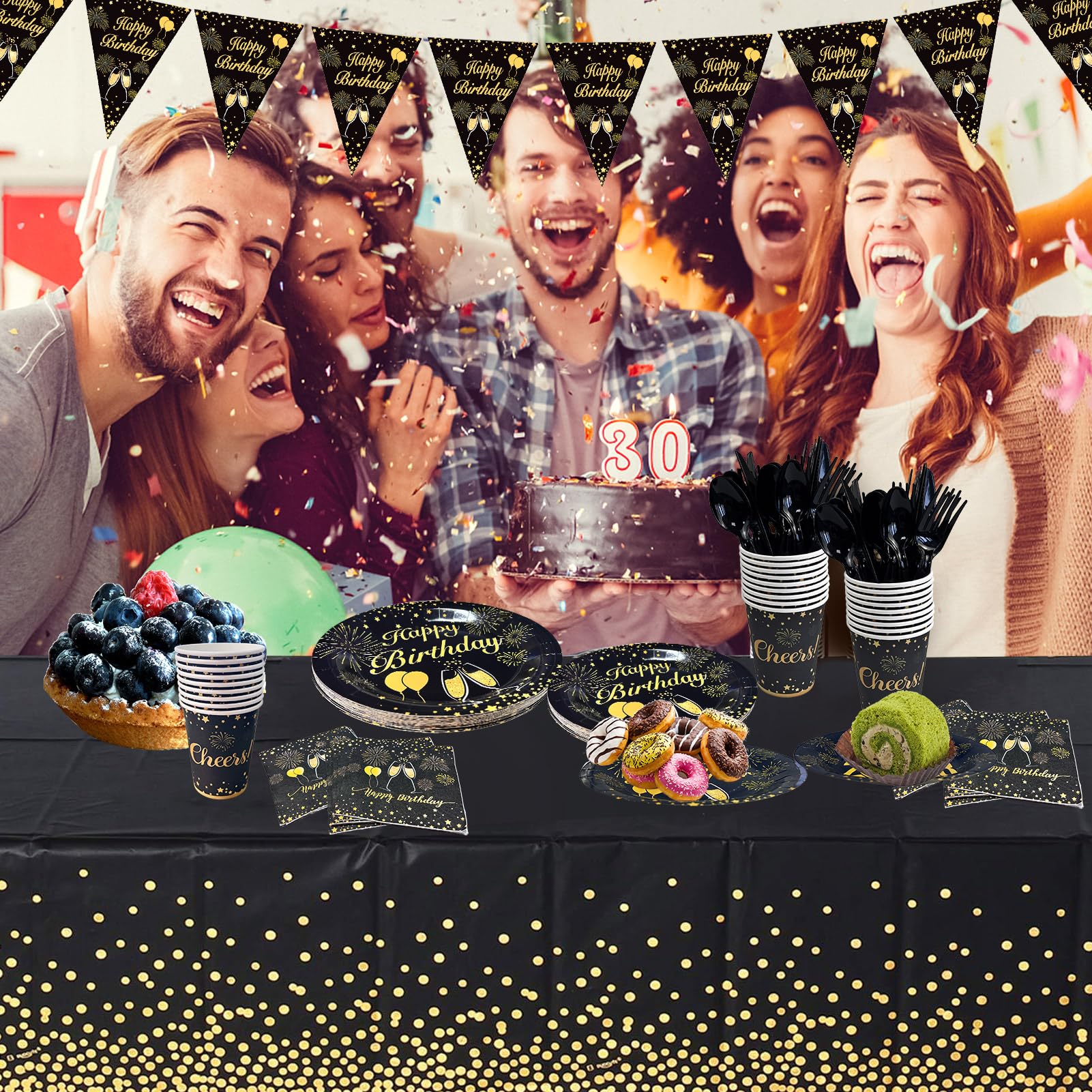 Black and Gold Happy Birthday Party Supplies Tableware Set-Dinner Dessert Cake Plates, Napkins, Cups, Tablecloth, Banner for Wedding Retire Party Decoration for 30th 40th 50th 60th Anniversary