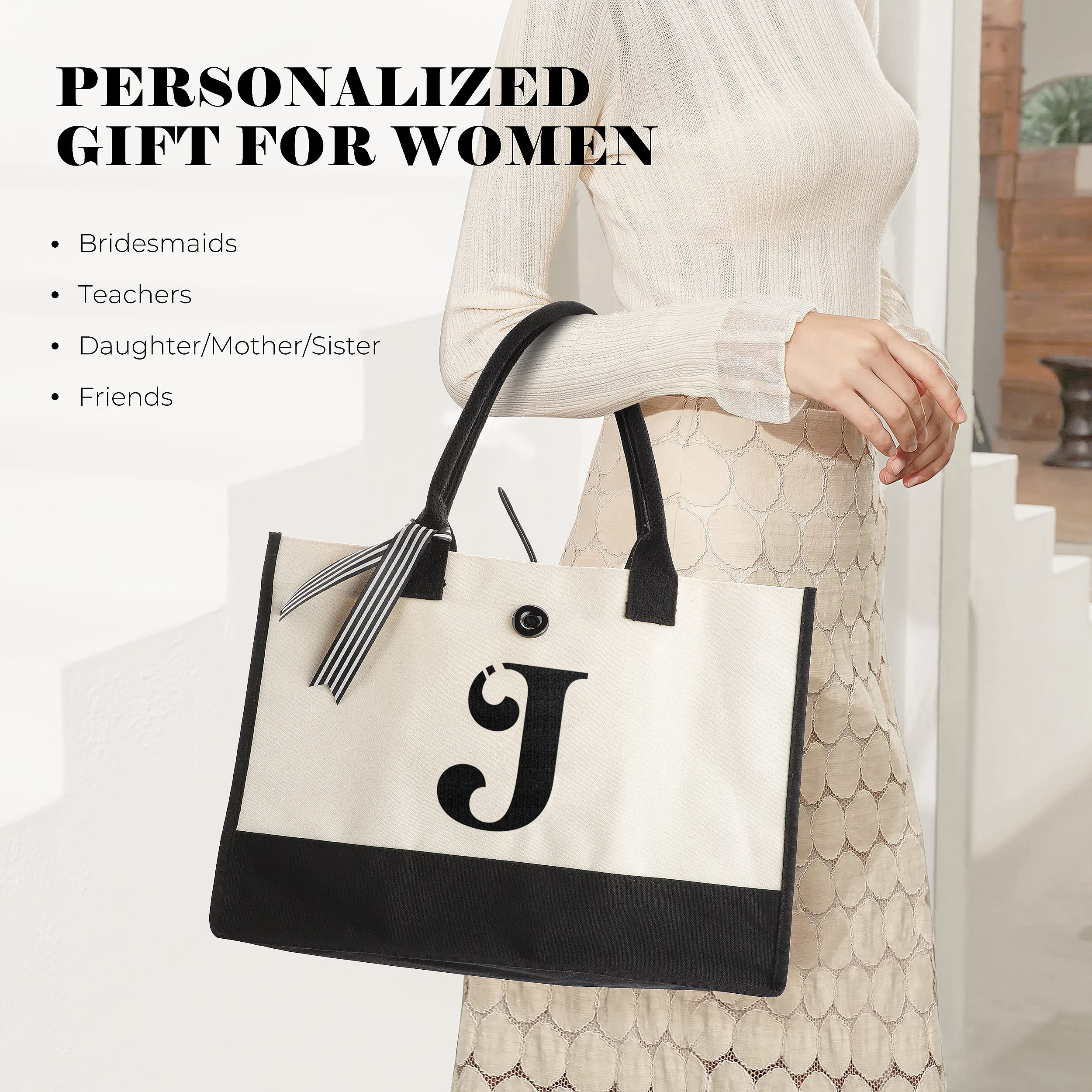 YOOFAN Initial Canvas Tote Bag - Personalized Monogrammed Gift Tote Bag for Wedding, Birthday, Beach, Holiday - Gift for Women, Mom, Teachers, Friends, Bridesmaids (J)