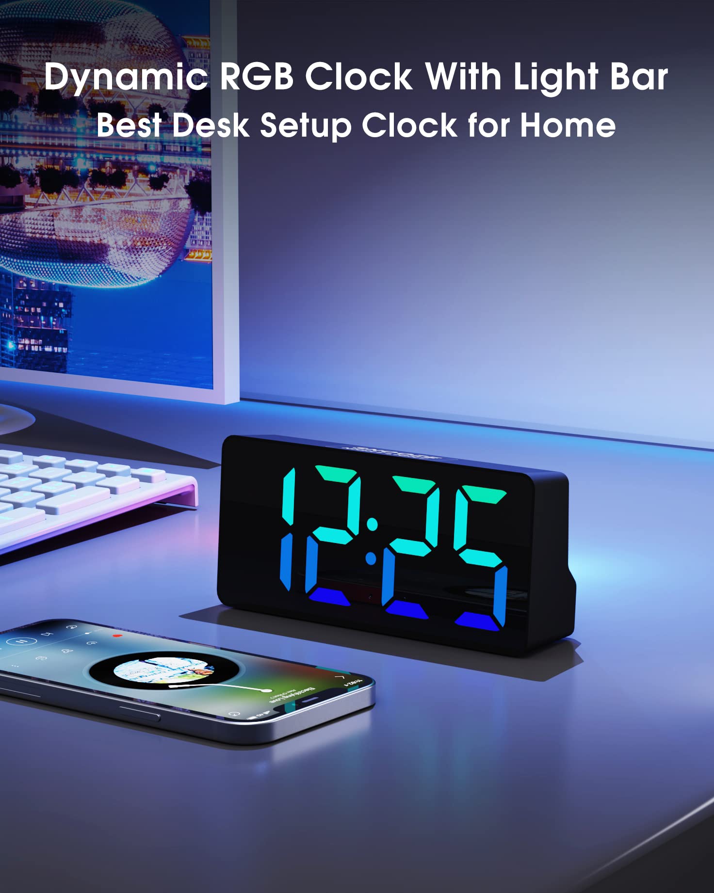 Mesqool Dynamic RGB Clock with Large Display Big Bold Numbers,Super Loud Alarm Clock for Bedroom,Heavy Sleepers,USB Charger,Snooze,Ambient Light,Dimmer,Small Bedside Desk Shelf Digital Clock for Teens