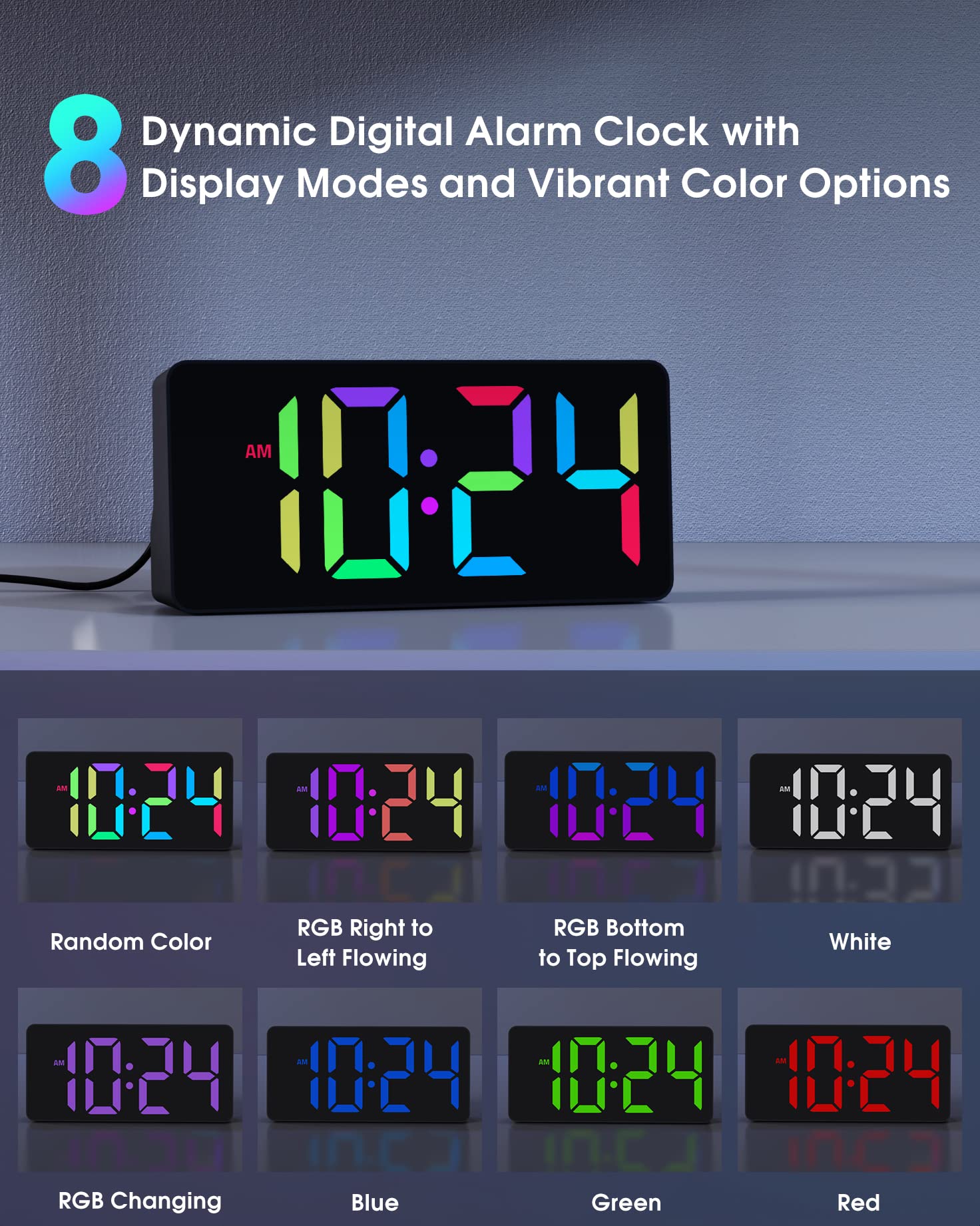 Mesqool Dynamic RGB Clock with Large Display Big Bold Numbers,Super Loud Alarm Clock for Bedroom,Heavy Sleepers,USB Charger,Snooze,Ambient Light,Dimmer,Small Bedside Desk Shelf Digital Clock for Teens
