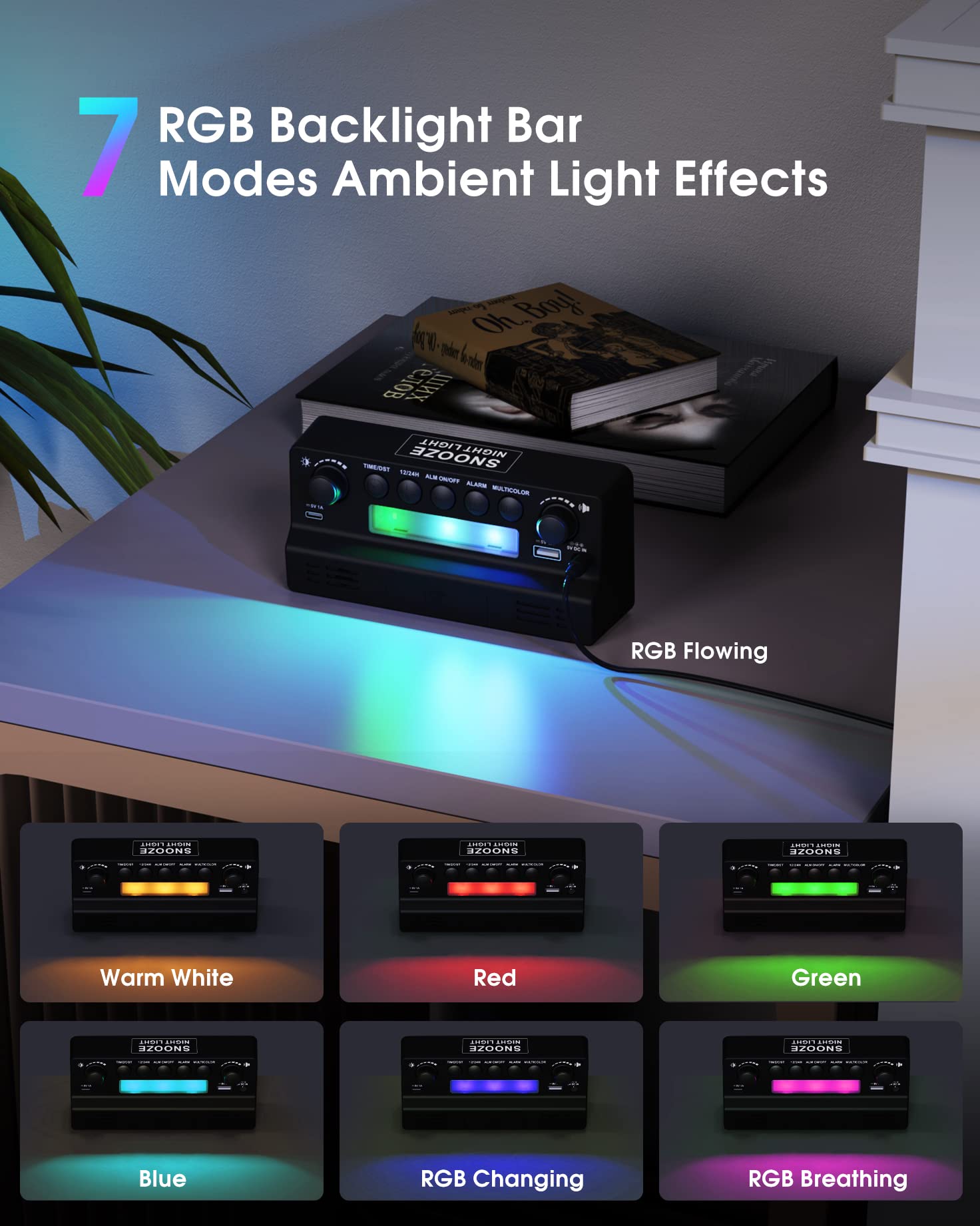 Mesqool Dynamic RGB Clock with Large Display Big Bold Numbers,Super Loud Alarm Clock for Bedroom,Heavy Sleepers,USB Charger,Snooze,Ambient Light,Dimmer,Small Bedside Desk Shelf Digital Clock for Teens