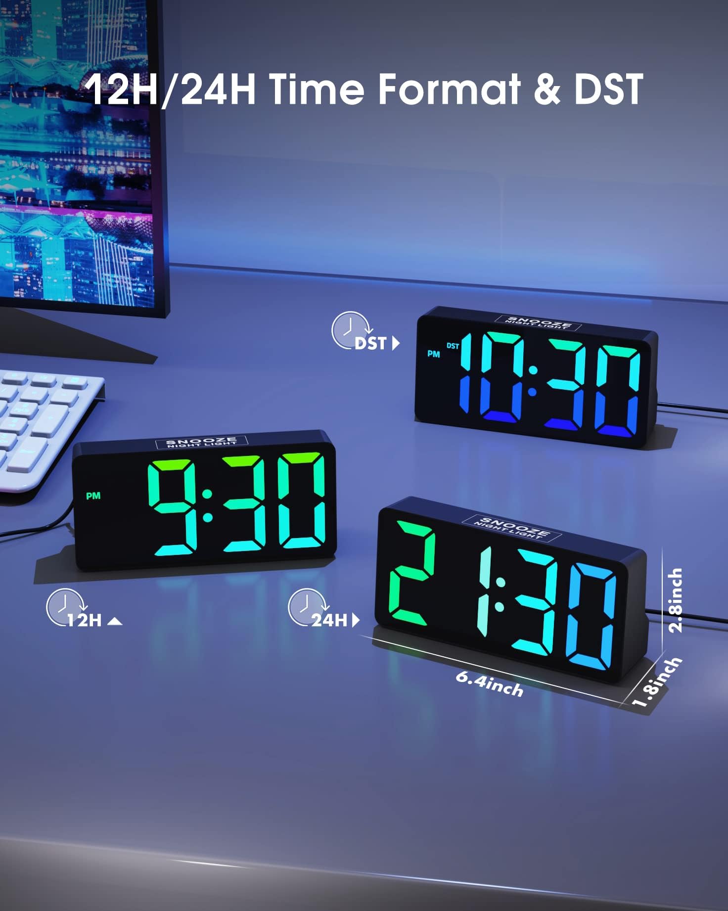 Mesqool Dynamic RGB Clock with Large Display Big Bold Numbers,Super Loud Alarm Clock for Bedroom,Heavy Sleepers,USB Charger,Snooze,Ambient Light,Dimmer,Small Bedside Desk Shelf Digital Clock for Teens