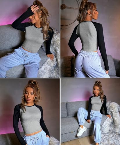 EMMIOL Raglan Tee for Women Y2k Clothing Going Out Tops Long Sleeve Ribbed Knit Crop Top Scoop Neck Tee Shirt …