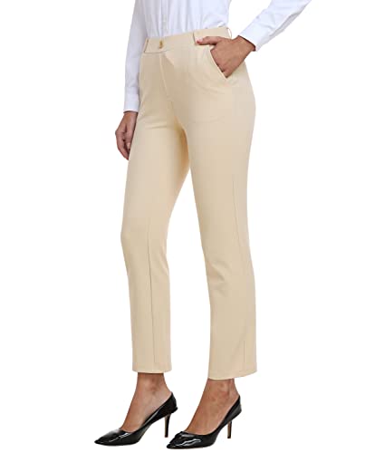 MoFiz Straight Leg Business Casual Dress Pants for Women Stretchy Office Work Teacher Petite Pants High Waisted Golf Slacks Pull On Trousers Khaki L