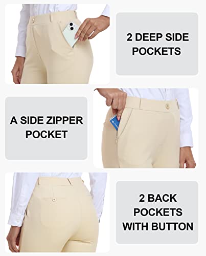 MoFiz Straight Leg Business Casual Dress Pants for Women Stretchy Office Work Teacher Petite Pants High Waisted Golf Slacks Pull On Trousers Khaki L