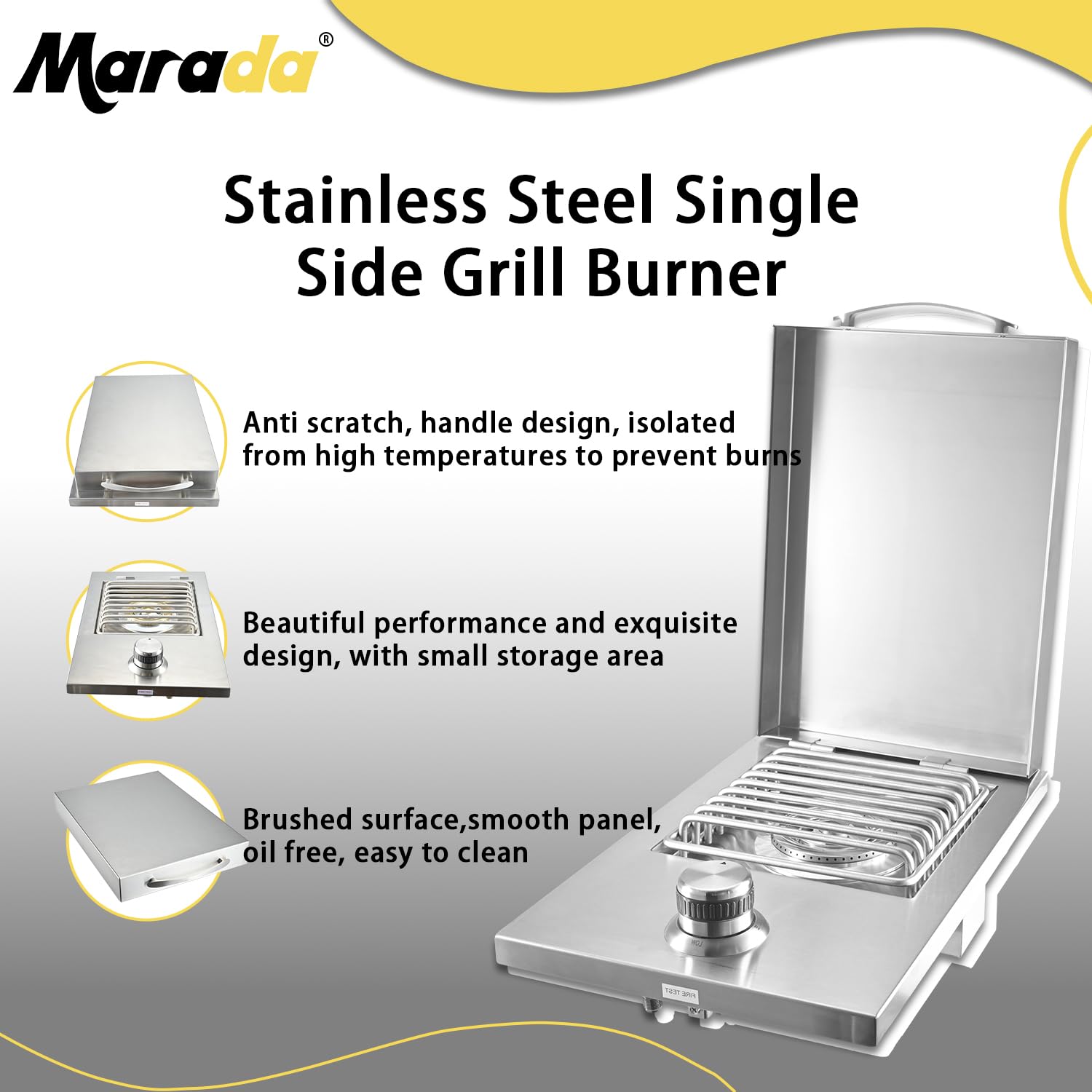 Marada Drop-In Single Side Grill Burner Natural Gas 304 Food Grade Stainless Steel Built-In Single Side Burner for Outdoor Grill 12,000 BTU Air inlet thread 5/8"-18UNF