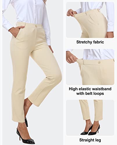 MoFiz Straight Leg Business Casual Dress Pants for Women Stretchy Office Work Teacher Petite Pants High Waisted Golf Slacks Pull On Trousers Khaki L