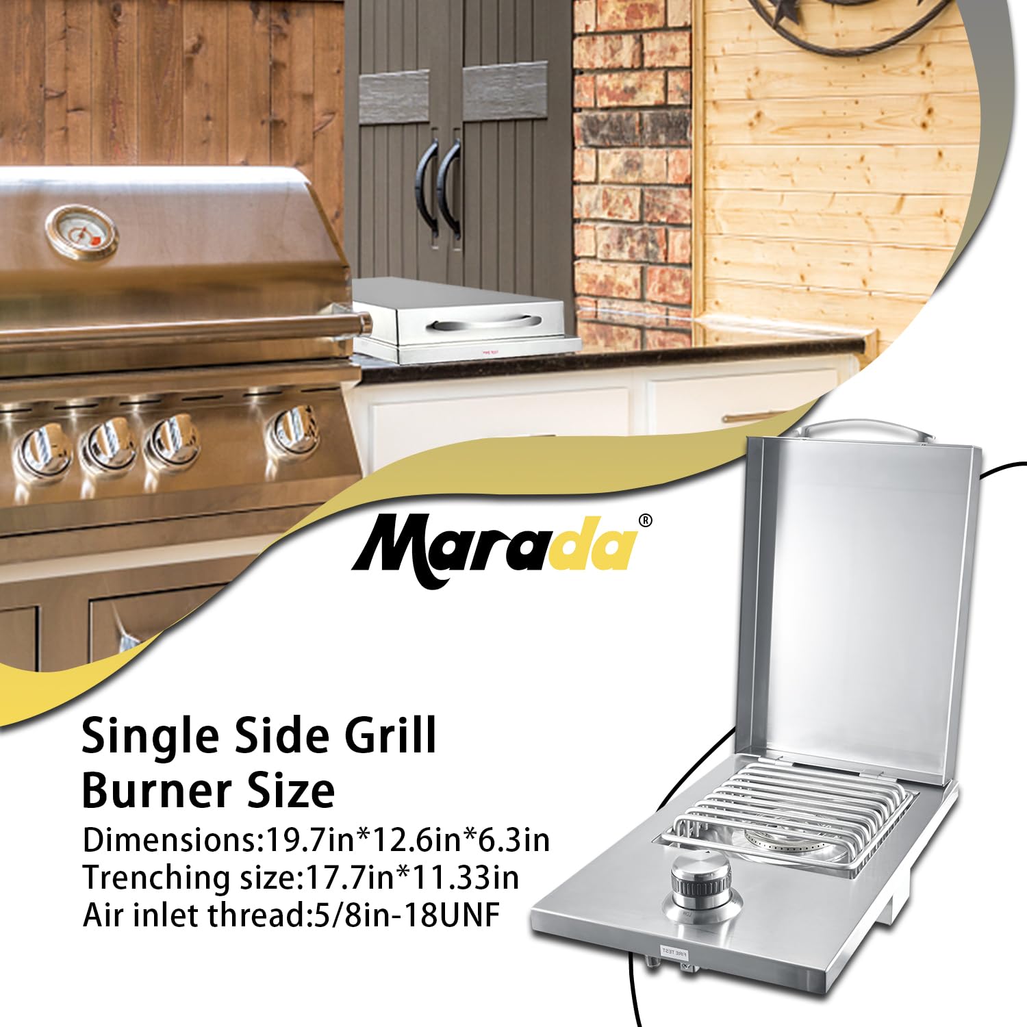 Marada Drop-In Single Side Grill Burner Natural Gas 304 Food Grade Stainless Steel Built-In Single Side Burner for Outdoor Grill 12,000 BTU Air inlet thread 5/8"-18UNF